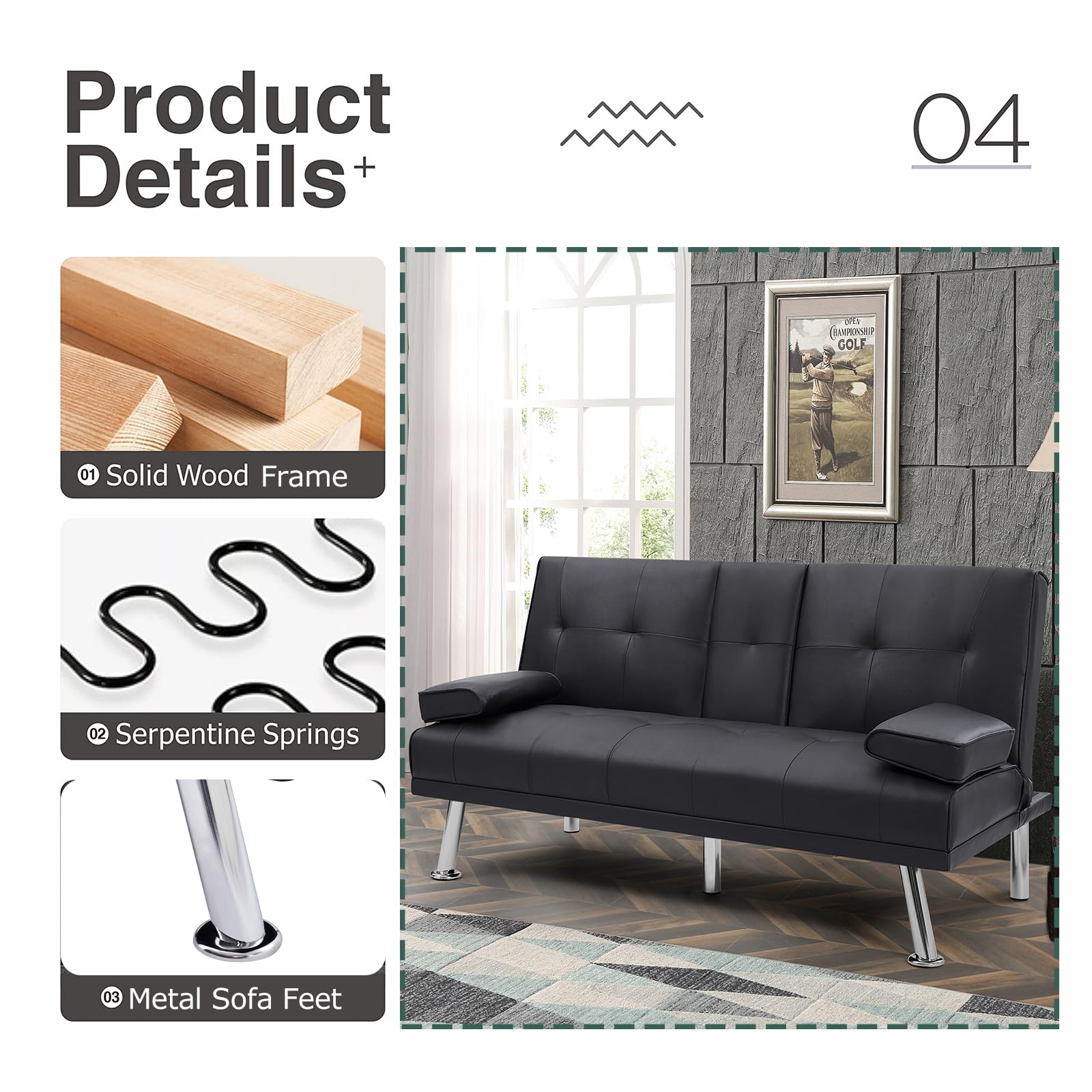 Convertible Futon Sofa Bed, Modern Leather Couch Upholstered Loveseat Sleeper Sofa with Cup Holder and Adjustable Back, Recliner Folding for Living Room, Apartment, Office (Black)