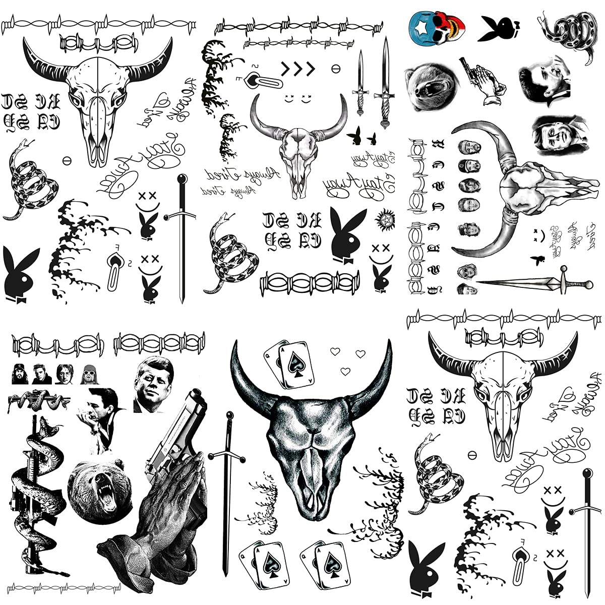 Temporary Face Tattoos, Playboy Bunny Tattoo Prisoner Tattoos, Fake Barbed Wire Tattoo Sticker Set for Halloween Costume