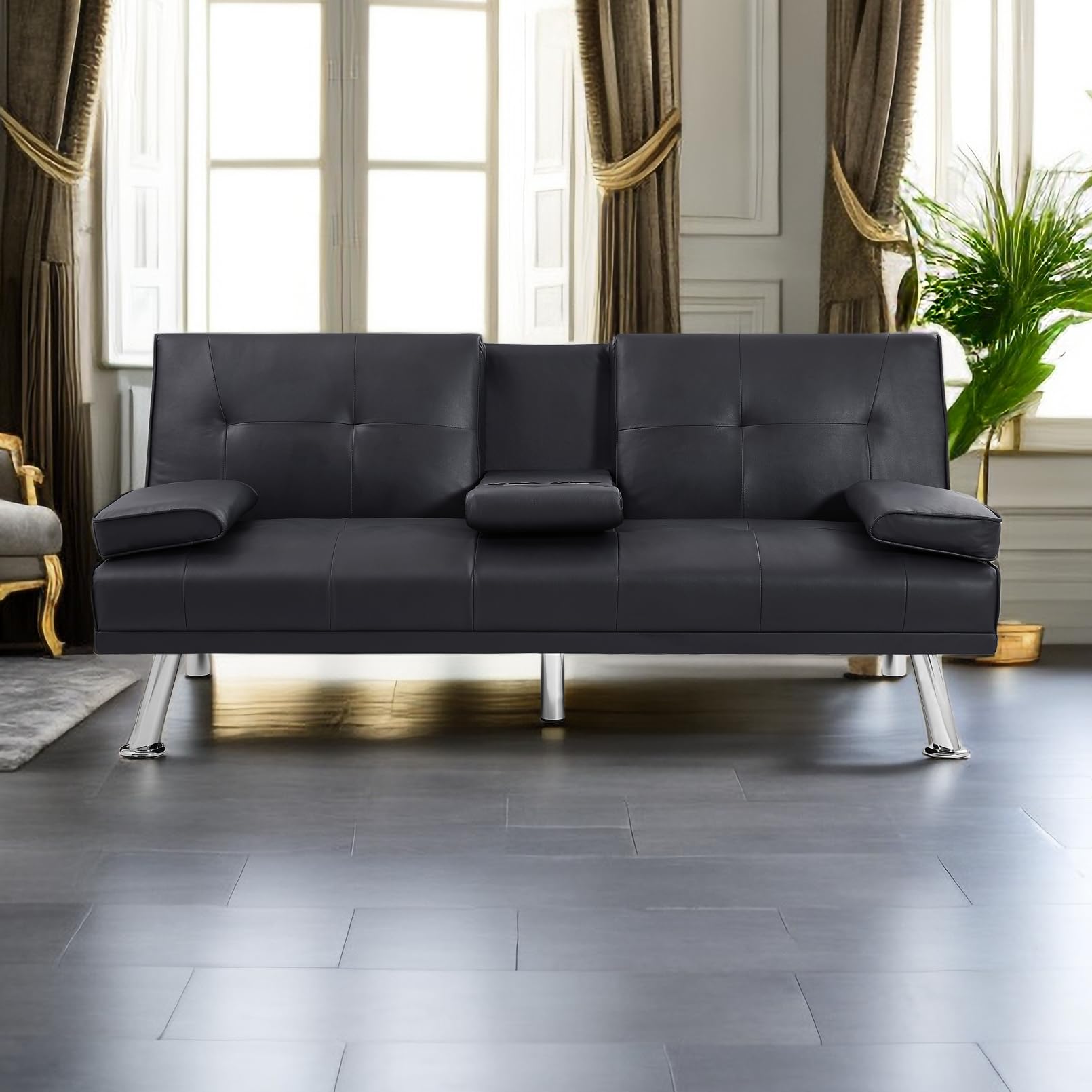 Convertible Futon Sofa Bed, Modern Leather Couch Upholstered Loveseat Sleeper Sofa with Cup Holder and Adjustable Back, Recliner Folding for Living Room, Apartment, Office (Black)