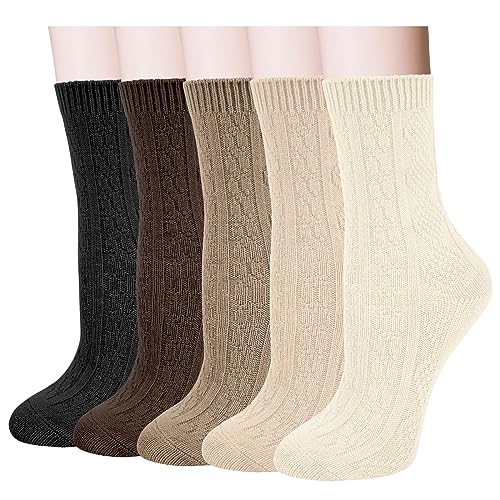 Justay 5 Pairs Womens Wool Thick Warm Winter Socks, Casual Cozy Vintage Knit Crew Socks Gift for Women