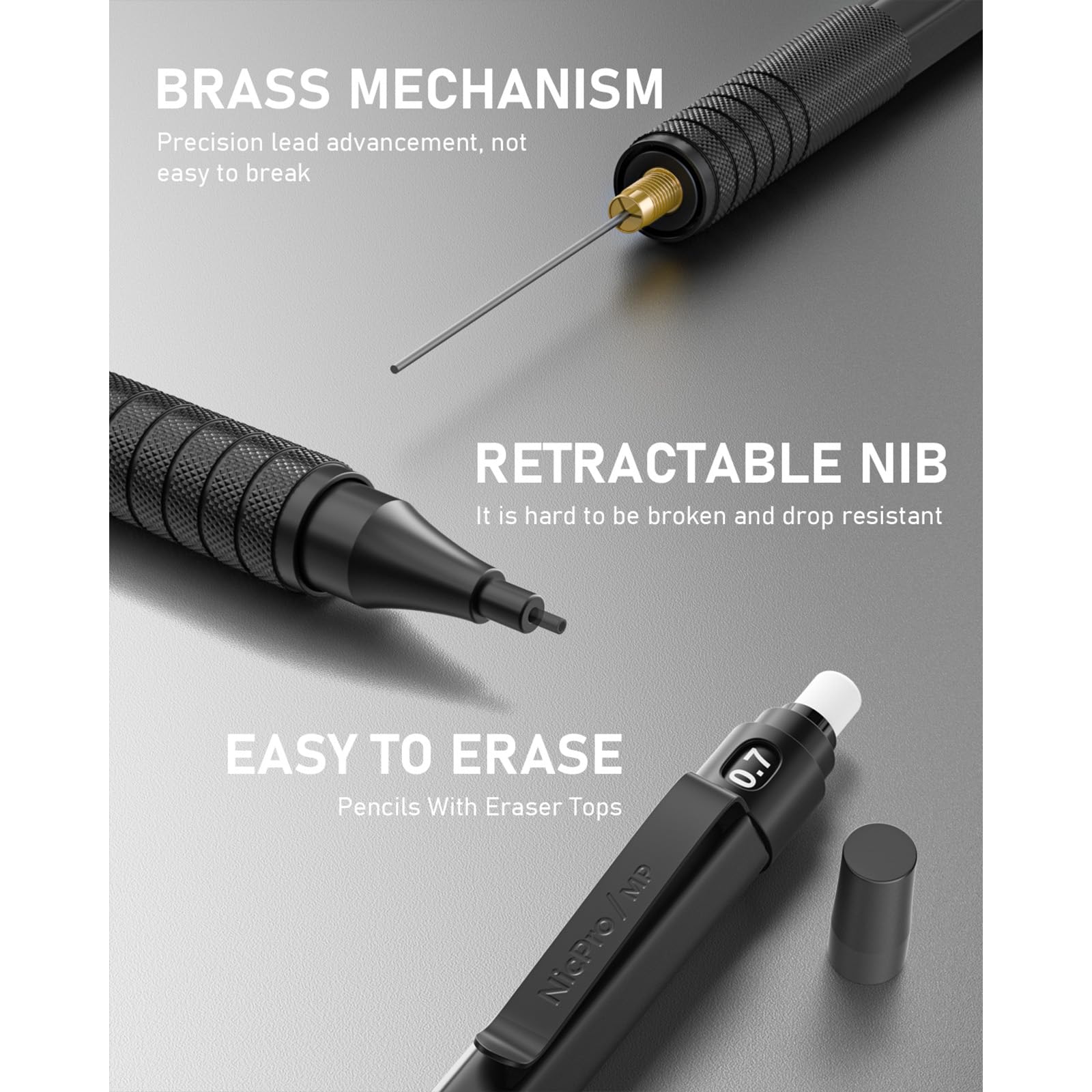 Nicpro 0.7 mm Mechanical Pencils Set with Case, 3 Metal Artist Pencil With 6 Tube HB Lead Refills, 3 Erasers, 9 Eraser Refills For Architect Art Writing Drafting Drawing, Engineering, Sketching, Black