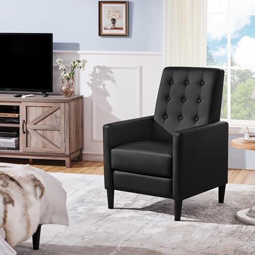 Yaheetech Faux Leather Recliner Sofa Mid-Century Modern Single Reclining Chair Adjustable Back & Footrest Tufted Upholstered Sofa with Pocket Spring Living Room Bedroom Home Theater Black