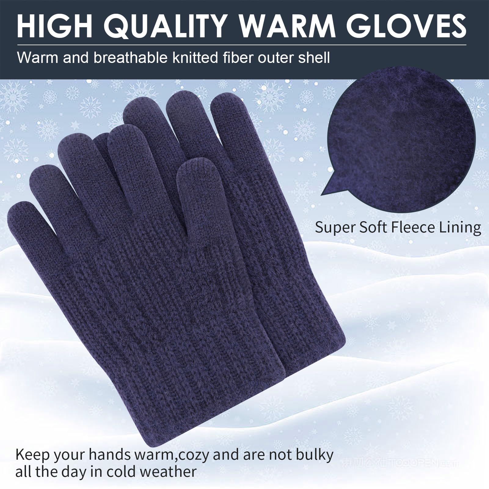 ORVINNER Kids Winter Gloves for Boys Girls, 3 Pairs Children Warm Wool Lined Gloves Toddler Thermal Knitted Mittens (Black/Navy/Dark Grey - Solid Color)