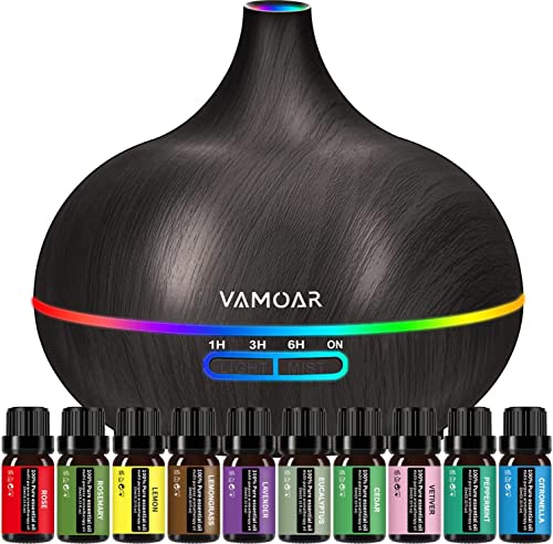 Essential Oil Diffuser Gift Set ，550ml Diffuser & Essential Oil Set, Top 10 Essential Oils, Aromatherapy Diffuser Humidifier with 4 Timer &Auto Shut-Off for & 15 Ambient Light Settings