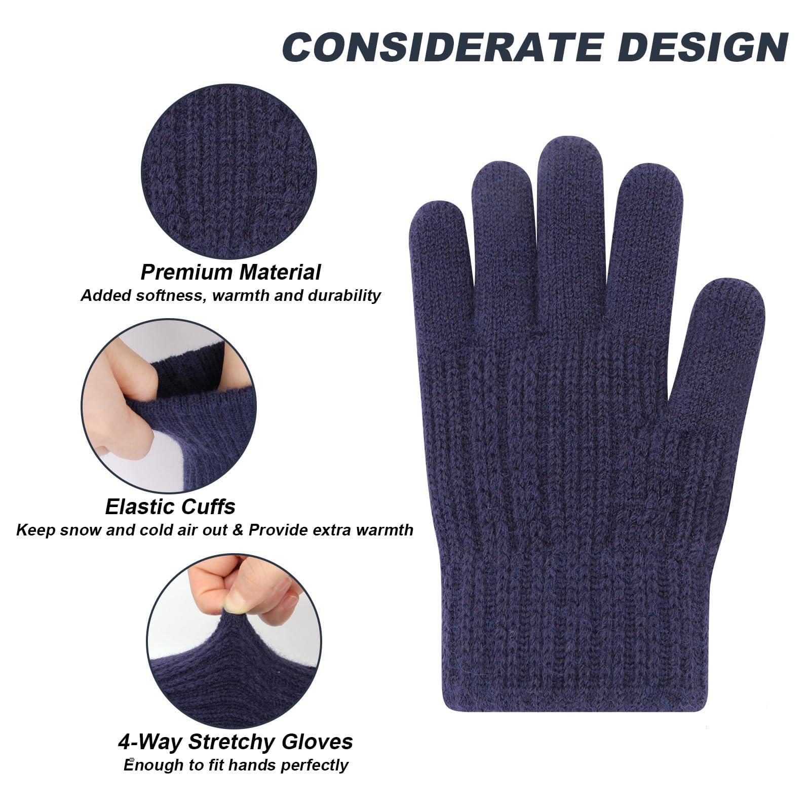 ORVINNER Kids Winter Gloves for Boys Girls, 3 Pairs Children Warm Wool Lined Gloves Toddler Thermal Knitted Mittens (Black/Navy/Dark Grey - Solid Color)
