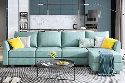 HONBAY Reversible Sectional Sofa L Shaped Couch with Storage Convertible Modular Sofa with Chaise, Aqua Blue