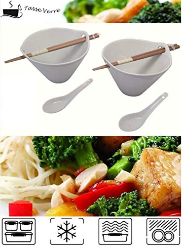 Tasse Verre Porcelain Noodle Soup Bowl w/Bamboo Chopsticks and Ceramic Spoon 20 oz, 2-Pack