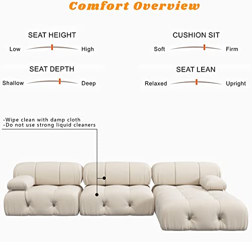 MGH Convertible Modular Minimalist Sofa with Ottomans, L-Shaped Velvet Sectional Couches, 4-Seat Sofa with Reversible Chaise for Living Room (Beige)