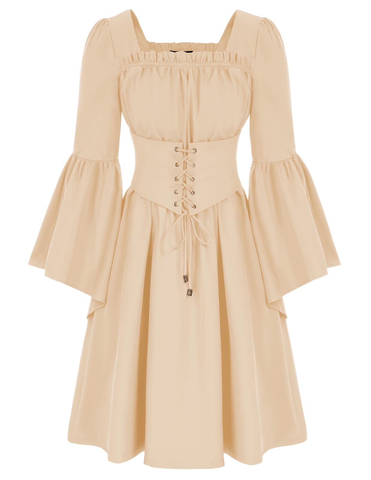 Fairy Dress for Women Short Medieval Dress Long Sleeve Ren Fest Costume Square Neck Corset Dress Apricot 2XL