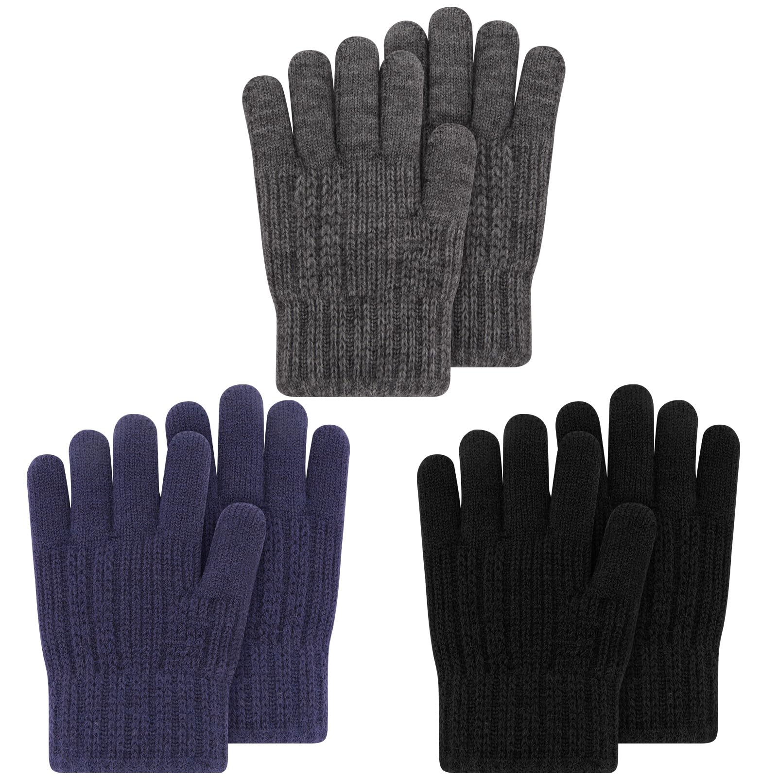 ORVINNER Kids Winter Gloves for Boys Girls, 3 Pairs Children Warm Wool Lined Gloves Toddler Thermal Knitted Mittens (Black/Navy/Dark Grey - Solid Color)