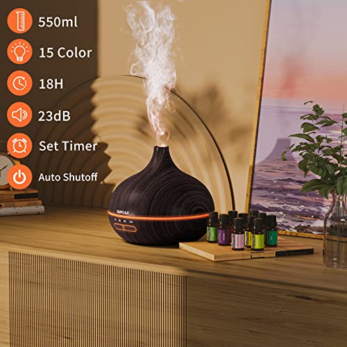 Essential Oil Diffuser Gift Set ,550ml Diffuser & Essential Oil Set, Top 10 Essential Oils, Aromatherapy Diffuser Humidifier with 4 Timer &Auto Shut-Off for & 15 Ambient Light Settings
