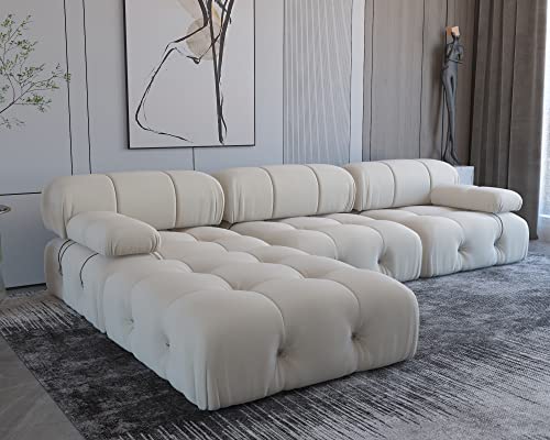 MGH Convertible Modular Minimalist Sofa with Ottomans, L-Shaped Velvet Sectional Couches, 4-Seat Sofa with Reversible Chaise for Living Room (Beige)