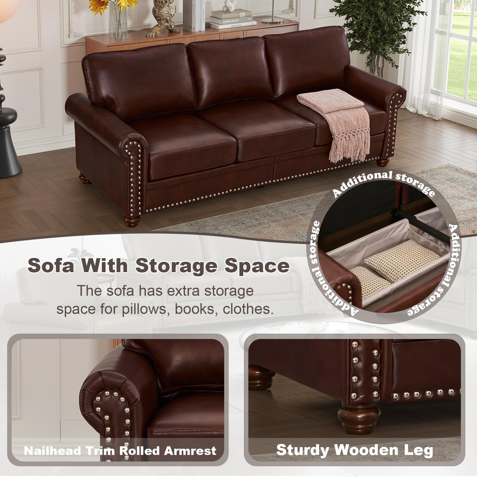 JEEOHEY Faux Leather Sofa Couch,82" Mid Century Modern Couch with Storage Place,Oversized 3 Seater Sofa with Nailhead Trim&Rolled Arm,Deep Seat Comfy Couch for Living Room,Apartment,Office(Burgundy)