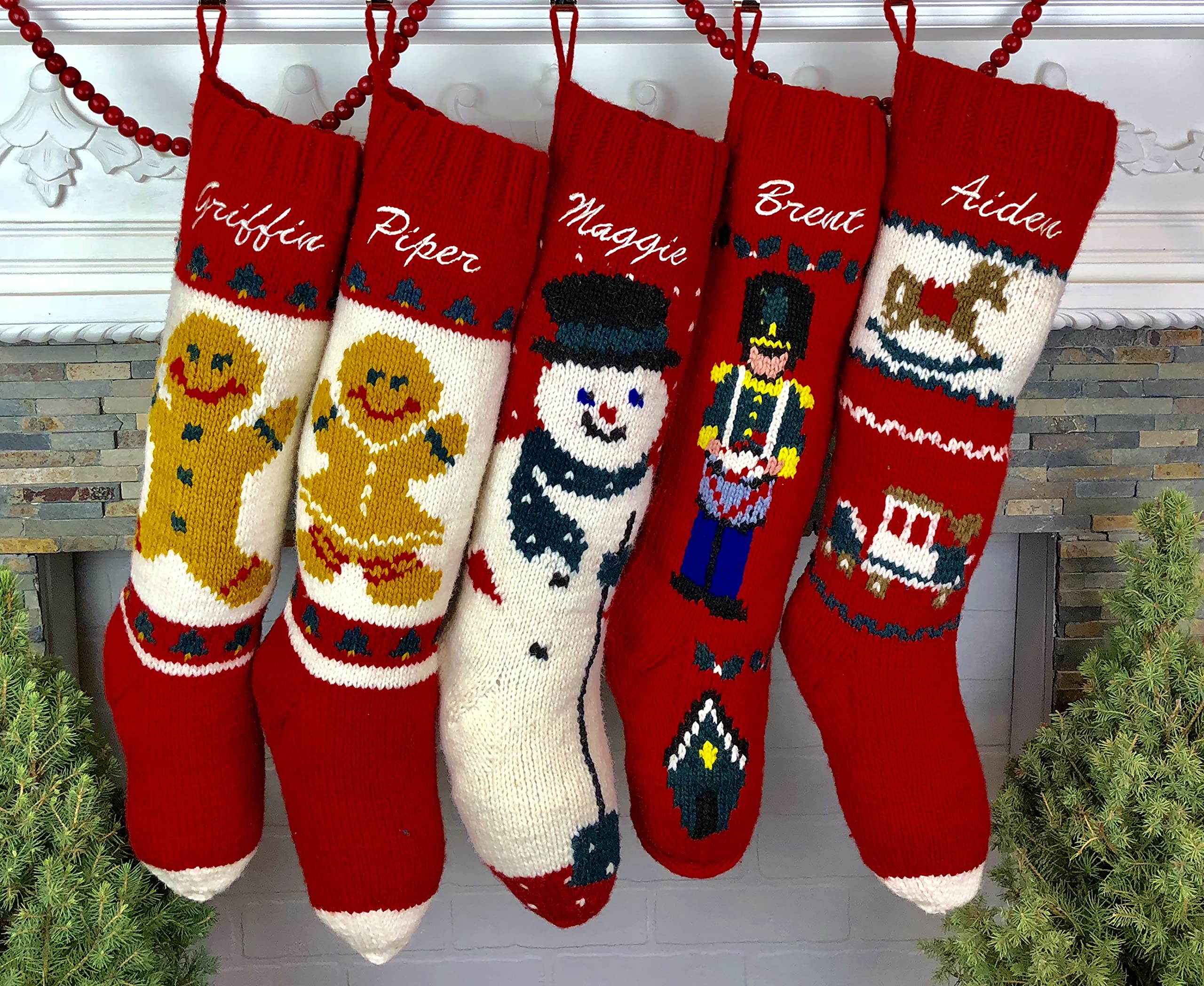 Personalized Hand Knit Mary Red Wool Snowman Chirstmas Stocking with Optional Personalization