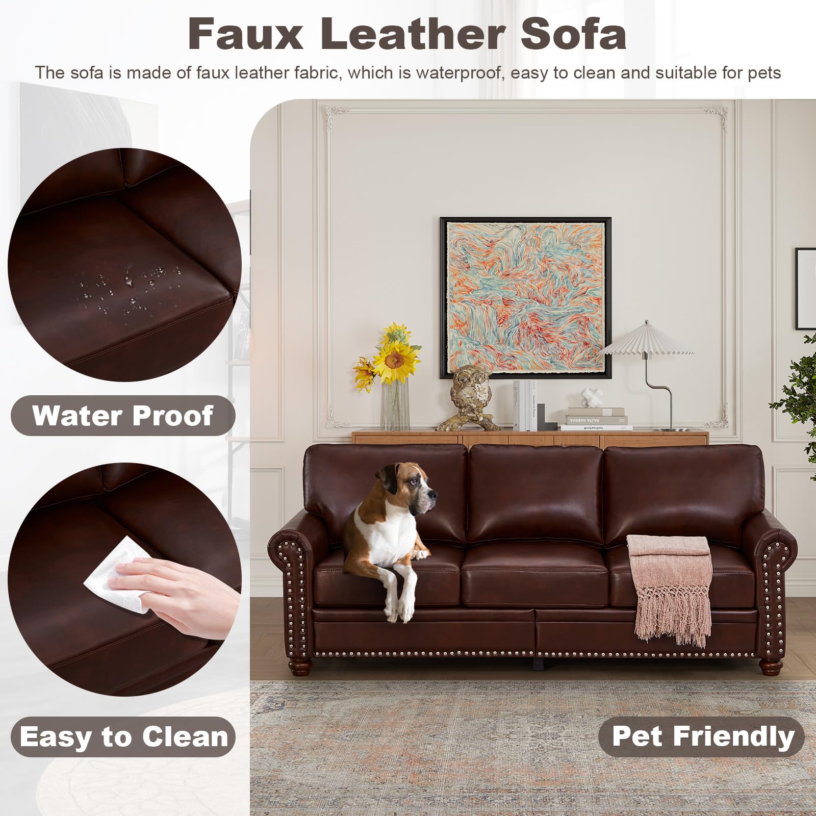 JEEOHEY Faux Leather Sofa Couch,82" Mid Century Modern Couch with Storage Place,Oversized 3 Seater Sofa with Nailhead Trim&Rolled Arm,Deep Seat Comfy Couch for Living Room,Apartment,Office(Burgundy)