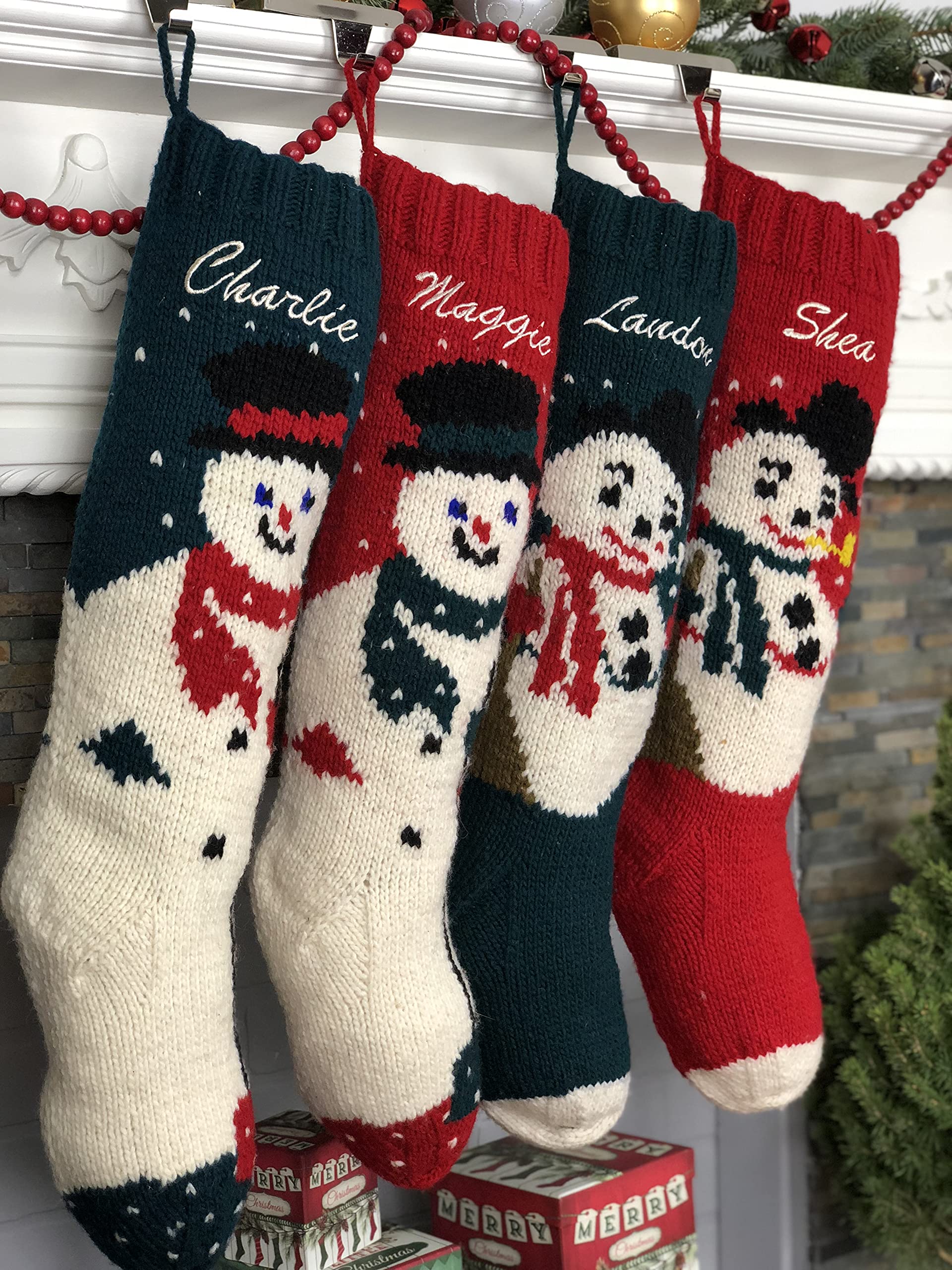 Personalized Hand Knit Mary Red Wool Snowman Chirstmas Stocking with Optional Personalization