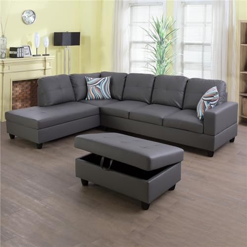 NOTOP 3-Piece Faux Leather L-Shaped Sectional Sofas, Button Tufted Upholstered Couch Set with Left Chaise Longue and Storage Ottoman, for Living Room, Home, Office, Dark Grey