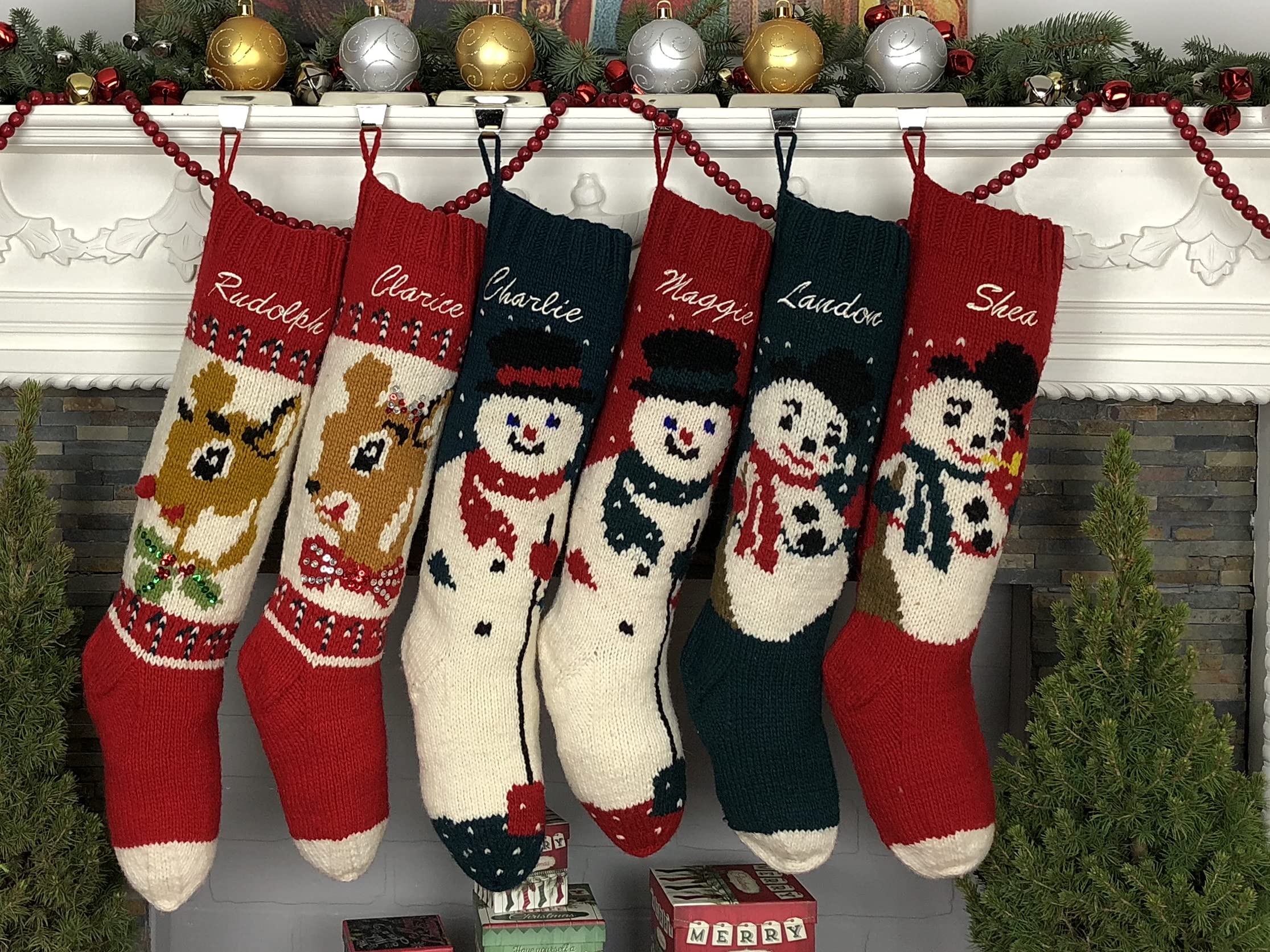 Personalized Hand Knit Mary Red Wool Snowman Chirstmas Stocking with Optional Personalization