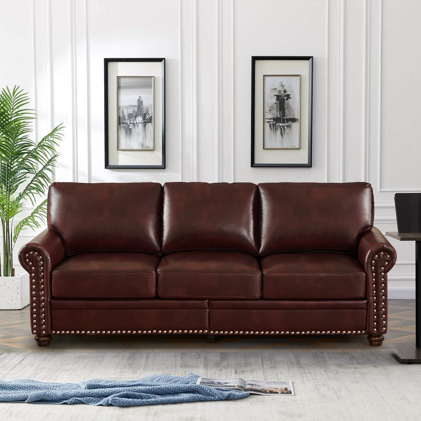 JEEOHEY Faux Leather Sofa Couch,82" Mid Century Modern Couch with Storage Place,Oversized 3 Seater Sofa with Nailhead Trim&Rolled Arm,Deep Seat Comfy Couch for Living Room,Apartment,Office(Burgundy)