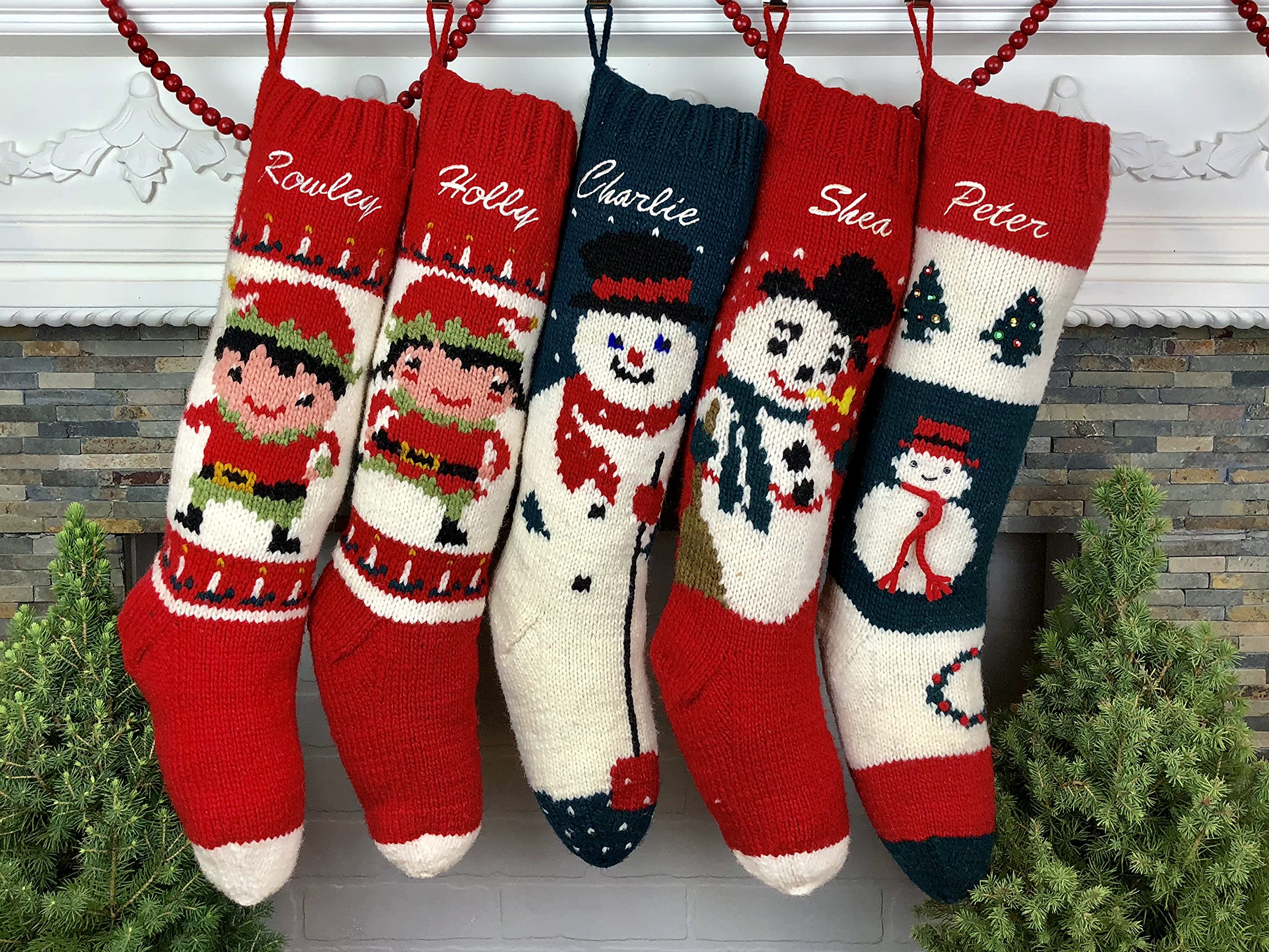 Personalized Hand Knit Mary Red Wool Snowman Chirstmas Stocking with Optional Personalization