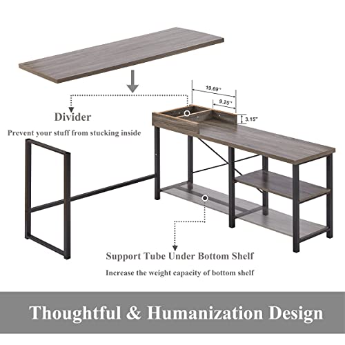 BON AUGURE Industrial L Shaped Computer Desk with Shelves, Rustic Wood Home Office Desks, Reversible Corner Desk with Storage (59 Inch, Dark Grey Oak)