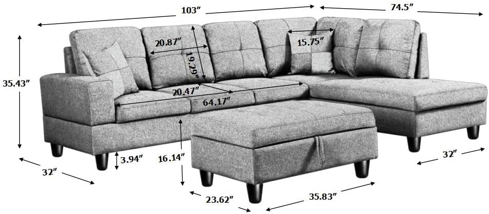 GINGVAT Black Faux Leather Sectional Sofa Living Room Furniture Set, L-Shape Couch with Right Chaise, Storage Ottoman, and 2 Pillows