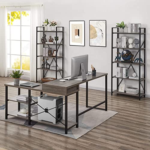 BON AUGURE Industrial L Shaped Computer Desk with Shelves, Rustic Wood Home Office Desks, Reversible Corner Desk with Storage (59 Inch, Dark Grey Oak)