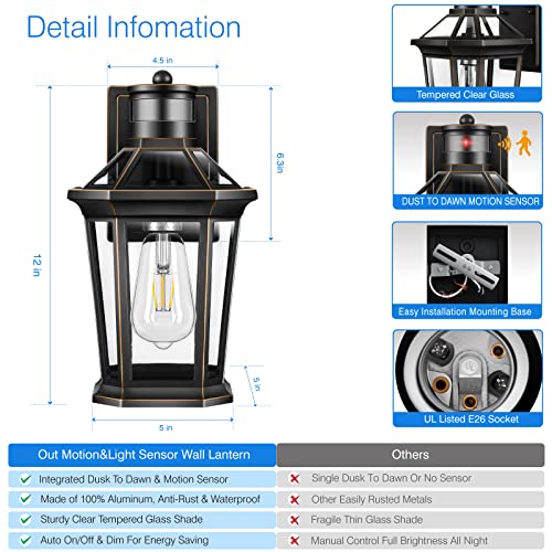 VIANIS Motion Sensor Exterior Light Fixture, 2 Pack Dusk to Dawn Outdoor Light Wall Mount, Anti-Rust Aluminum Outside House Lights,Farmhouse Coach Lantern for Porch, Entryway, Garage, Front Door