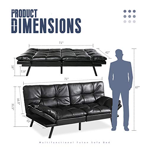 IULULU 70.5" Futon Sofa Bed Faux Leather Sleeper Couch, Convertible Split Loveseat Daybed with Adjustable Back and Arms for Small Spaces Room, Apartment, Office, Dark Black
