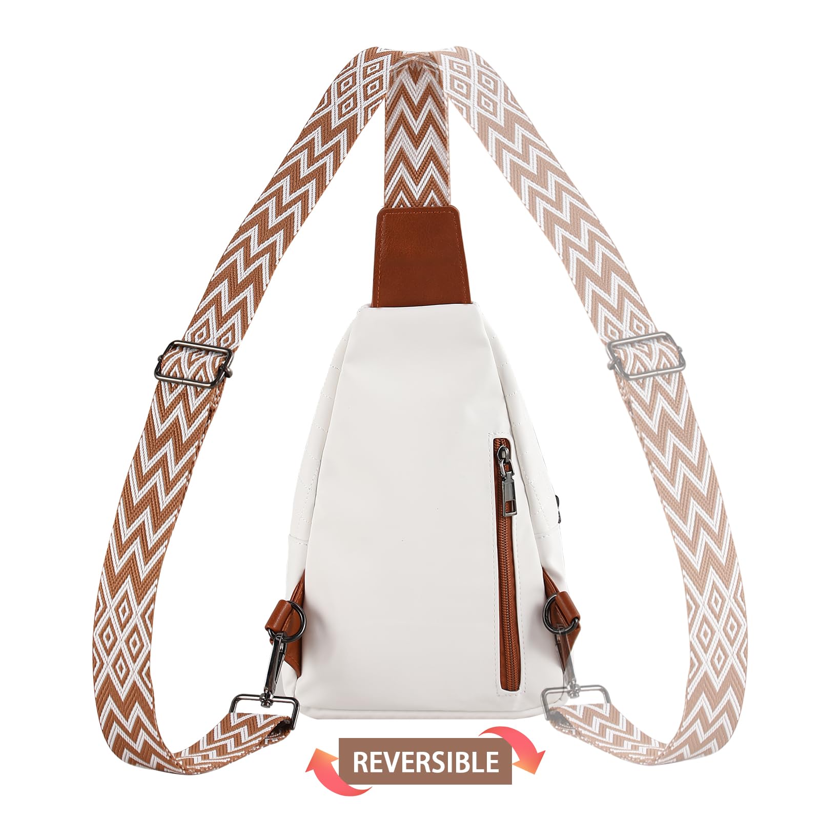 EMBRUNIOICE Sling Bag for Women Crossbody Purse, Vegan leather Crossbody Fanny Pack with Guitar Strap, Quilted Trendy Chest Bag for Women Travel(Cream with Brown)