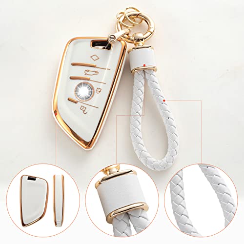 RUABIBAN for BMW Key Fob Cover with Keychain, Soft TPU Key Case Protection Fit for BMW X1 X2 X3 X5 X6 X7 and Series 1 2 3 4 5 6 7 8 Remote Smart Key Protector