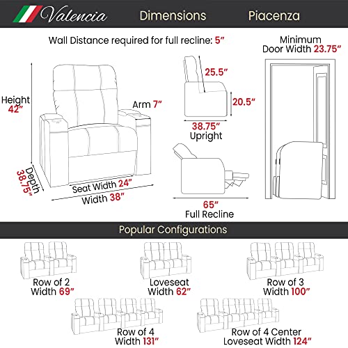 Valencia Piacenza Home Theater Seating | Premium Top Grain Nappa 9000 Leather, Power Recliner, LED Lighting (Row of 4, Black)