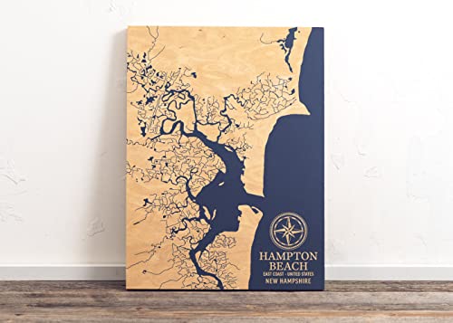 Hampton Beach, New Hampshire, Engraved Wood Coastal Chart Wall Art Sign, Beach House Home Decor Nautical Print, Unique & Personalized, nautical décor, Gift for him her, Coastal Living, 18 X 24, Blue