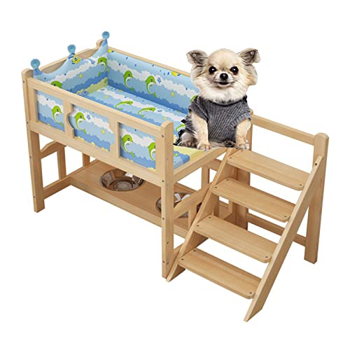 Pet Bed Cool Wooden Dog Bed, Blue 2-Layer Pet Bed, with Stairs + Guardrail + Dining Table, Dog Furniture(Size: M(60x45x65cm))