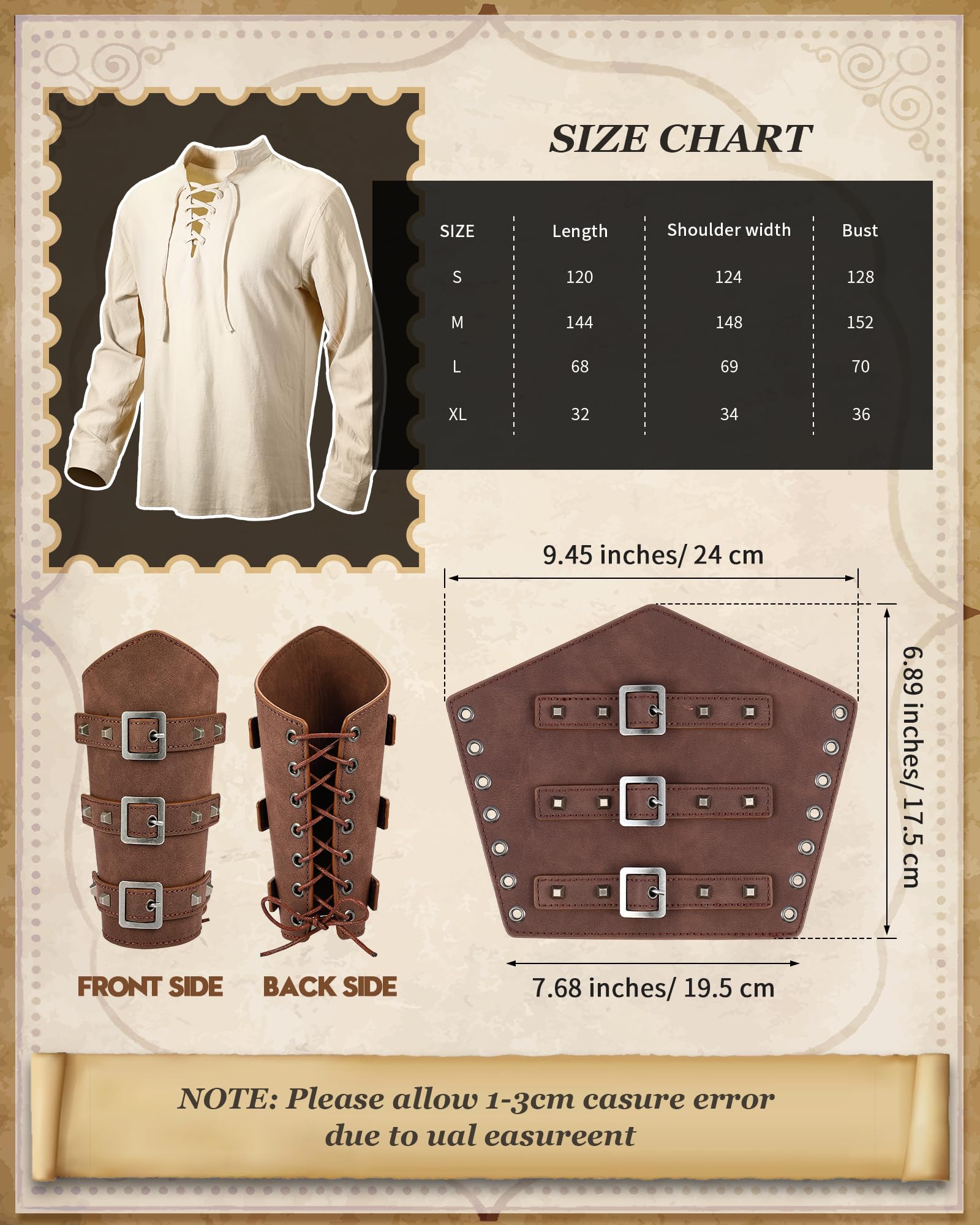 Ramede 6 Pcs Men's Renaissance Costume Set Medieval Pirate Shirt Leather Arm Guards Viking Belt Medieval Bag Accessories(X-Large)