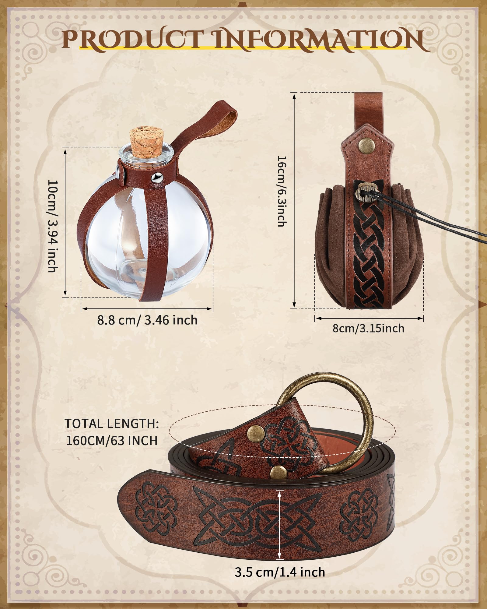 Ramede 6 Pcs Men's Renaissance Costume Set Medieval Pirate Shirt Leather Arm Guards Viking Belt Medieval Bag Accessories(X-Large)
