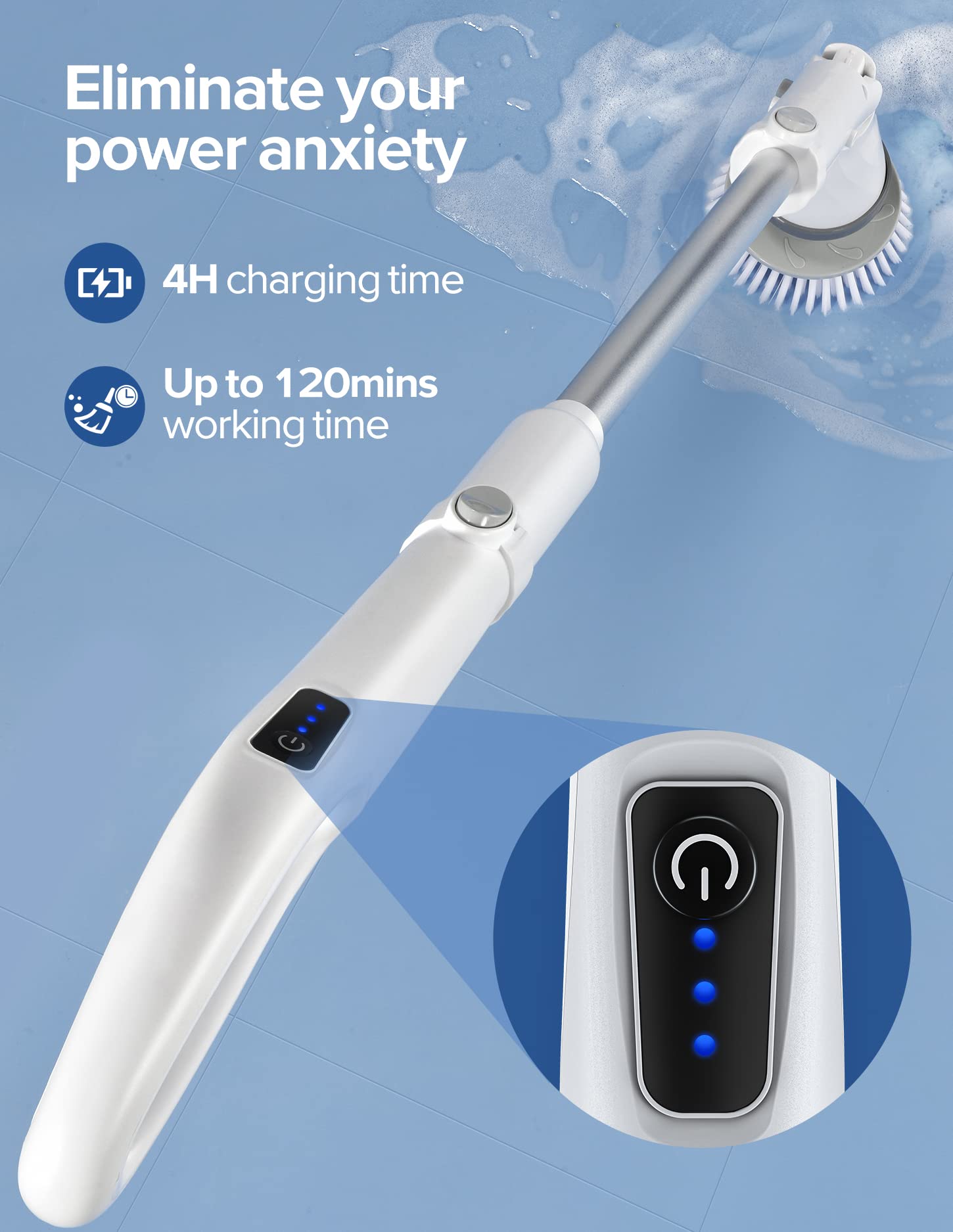 Electric Spin Scrubber, 2023 New Cordless Shower Scrubber with LED Display, Power Scrubber with Detachable Extension D-Shape Handle, Cleaning Brush for Bathroom Tile Tub Shower Grout