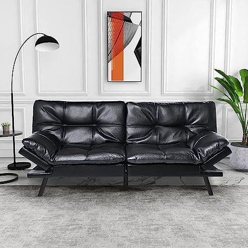 IULULU 70.5" Futon Sofa Bed Faux Leather Sleeper Couch, Convertible Split Loveseat Daybed with Adjustable Back and Arms for Small Spaces Room, Apartment, Office, Dark Black