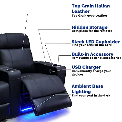 Valencia Piacenza Home Theater Seating | Premium Top Grain Nappa 9000 Leather, Power Recliner, LED Lighting (Row of 4, Black)