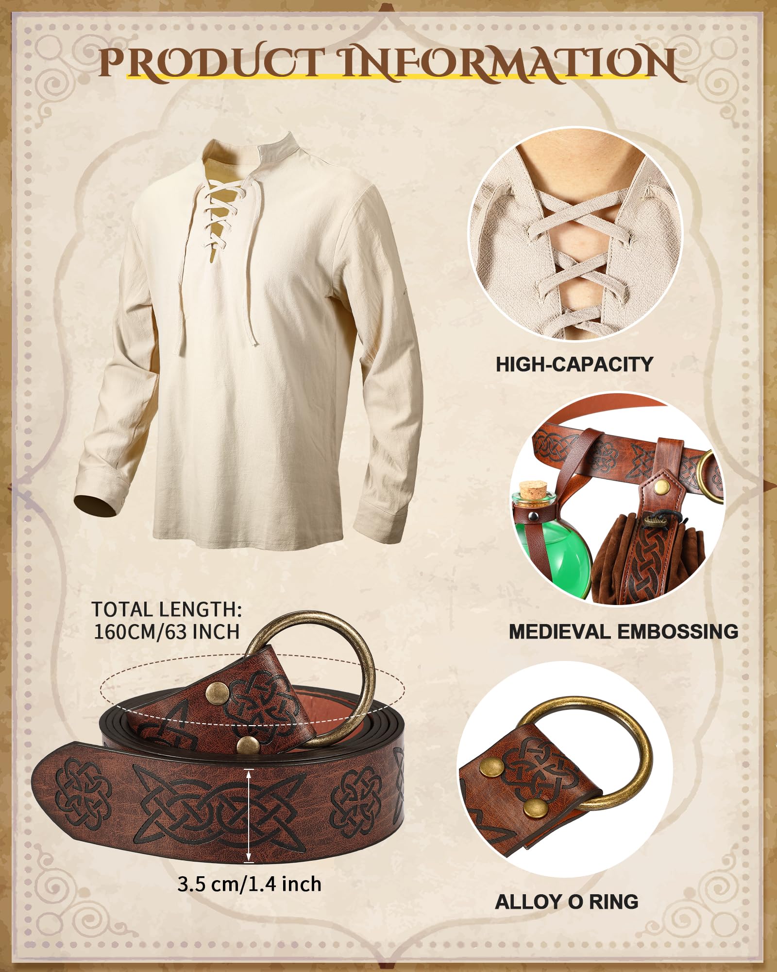 Ramede 6 Pcs Men's Renaissance Costume Set Medieval Pirate Shirt Leather Arm Guards Viking Belt Medieval Bag Accessories(X-Large)