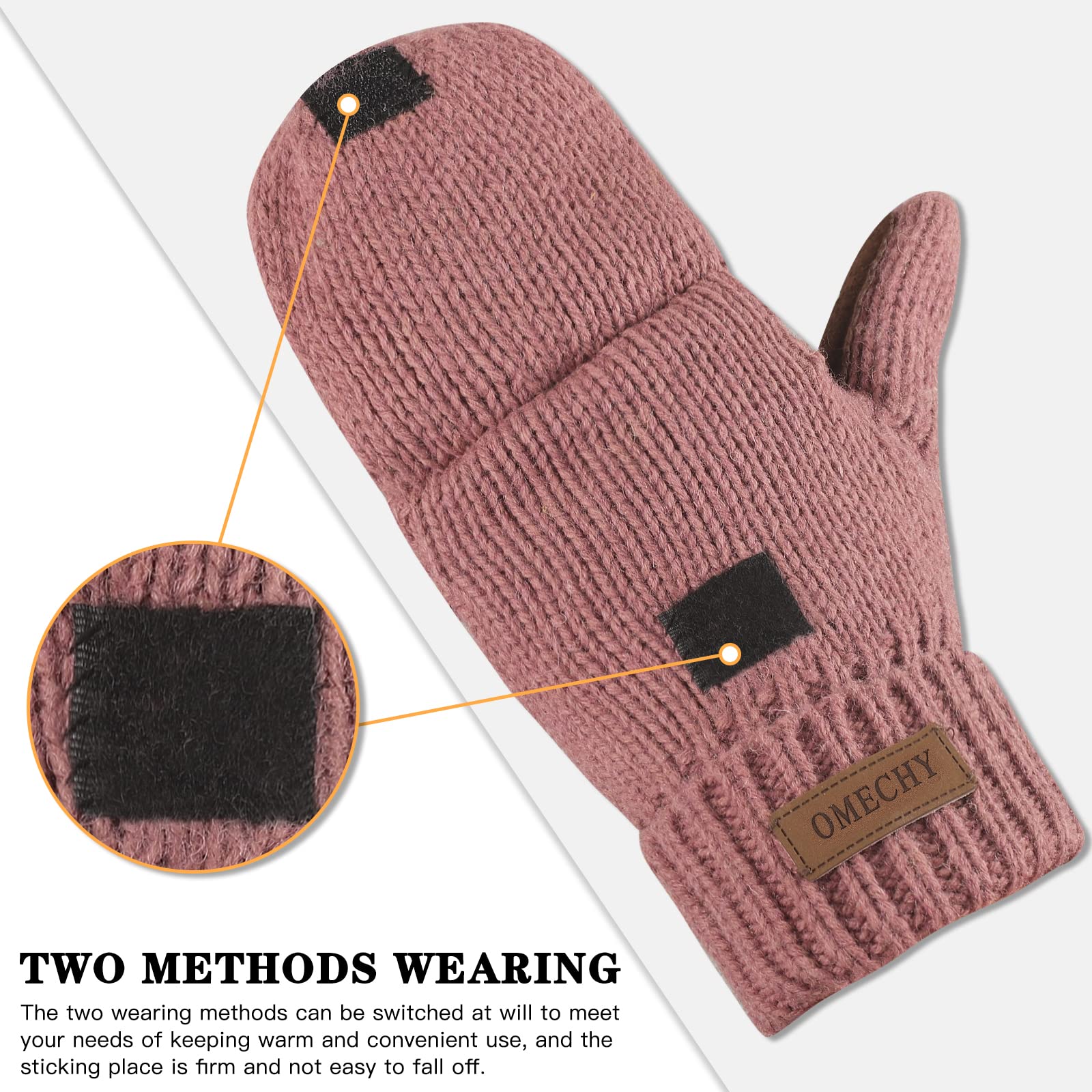 OMECHY Winter Wool Knitted Fingerless Gloves Thermal Insulation Warm Convertible Mittens Flap Cover for Men Women