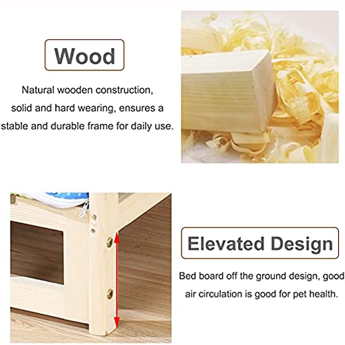 Pet Bed Cool Wooden Dog Bed, Blue 2-Layer Pet Bed, with Stairs + Guardrail + Dining Table, Dog Furniture(Size: M(60x45x65cm))