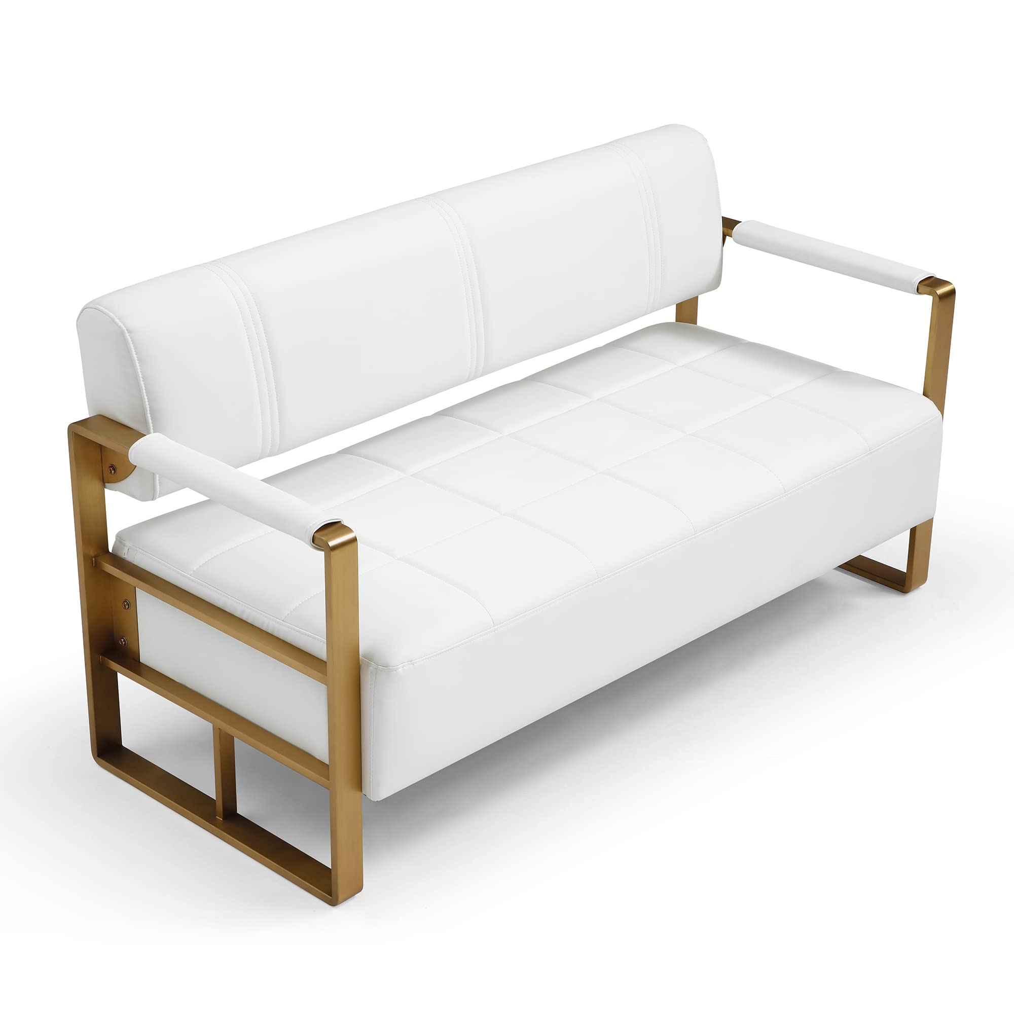 57.9" Modern Faux Leather Loveseat Sofa, Accent 2 Seater Couch with Golden Metal Arms, for Living Room Office Small Spaces Apartment Studio, White