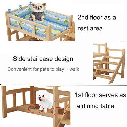Pet Bed Cool Wooden Dog Bed, Blue 2-Layer Pet Bed, with Stairs + Guardrail + Dining Table, Dog Furniture(Size: M(60x45x65cm))