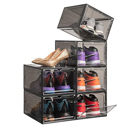 DEZENE Clear Stackable Shoe Storage Boxes: 6 Pack Balck Large Sturdy Plastic Shoe Organizer Containers for Closet, Drop Front Shoe Bins for Display Sneakers, Fit Shoe Size Up to US Men 12