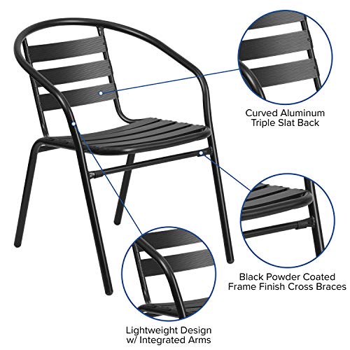 Flash Furniture Patio Dining Set, 55" Tempered Glass Table with Umbrella Hole, 6 Black Metal Aluminum Slat Stack Chairs