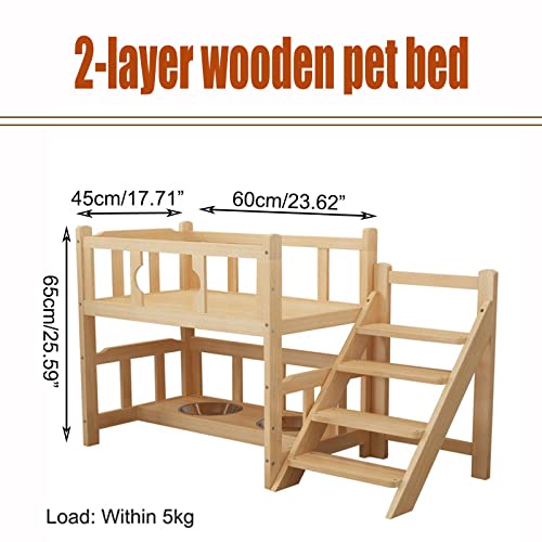 Pet Bed Cool Wooden Dog Bed, Blue 2-Layer Pet Bed, with Stairs + Guardrail + Dining Table, Dog Furniture(Size: M(60x45x65cm))