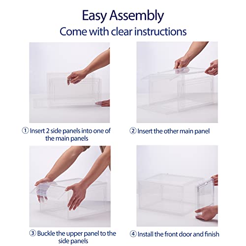 DEZENE Clear Stackable Shoe Storage Boxes: 6 Pack Balck Large Sturdy Plastic Shoe Organizer Containers for Closet, Drop Front Shoe Bins for Display Sneakers, Fit Shoe Size Up to US Men 12