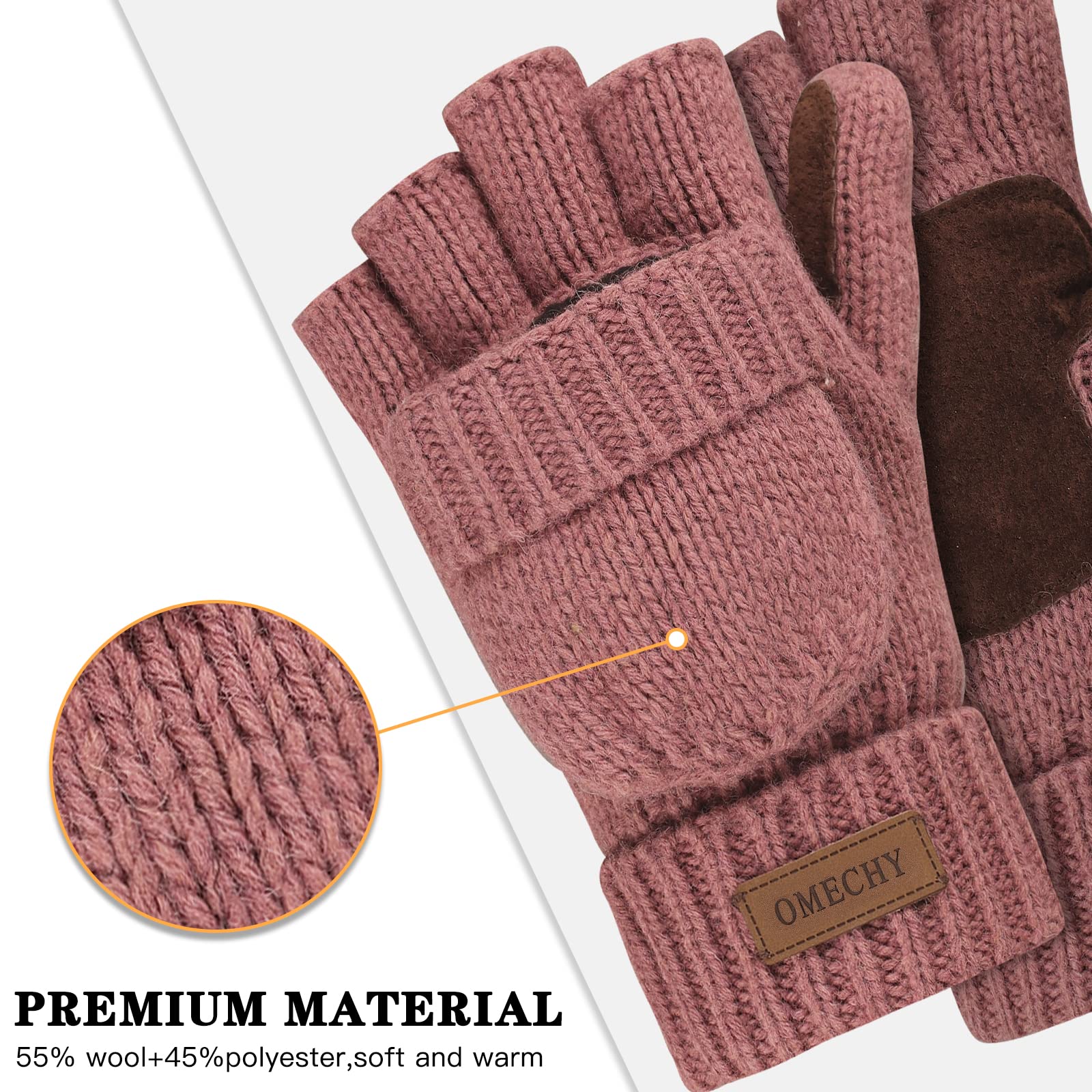 OMECHY Winter Wool Knitted Fingerless Gloves Thermal Insulation Warm Convertible Mittens Flap Cover for Men Women