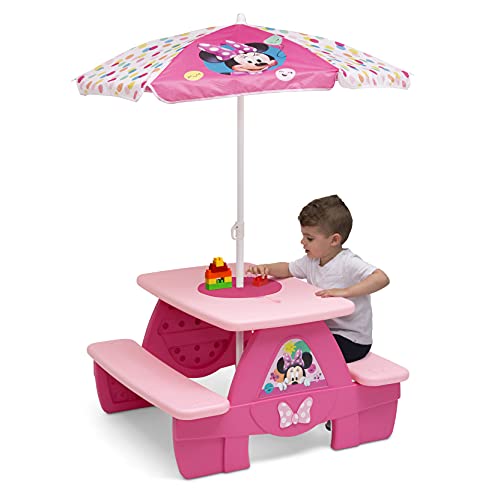 Delta Children 4 Seat Activity Picnic Table with Umbrella and Lego Compatible Tabletop, Minnie Mouse, 32.5 in x 34.25 in x 53.5 in